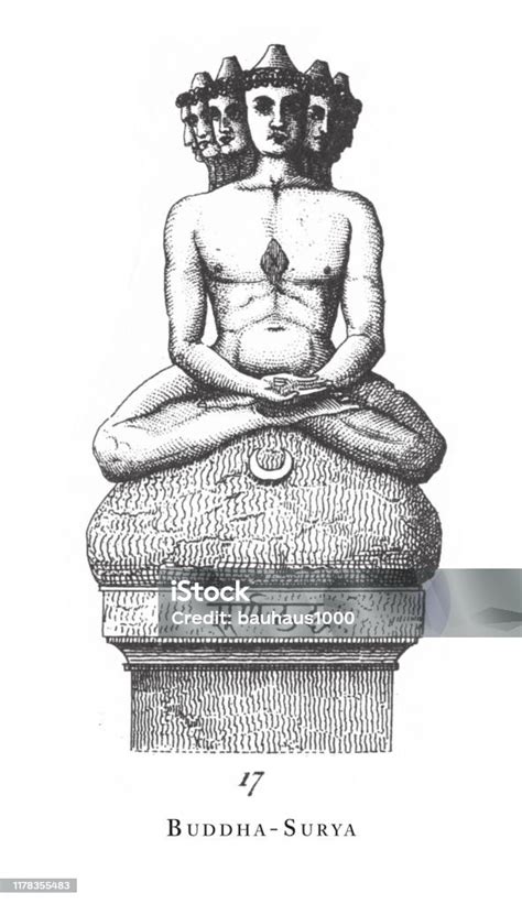 부처님 수리야 힌두교와 불교 종교 상징과 종교 구현 조각 골동품 그림 출판 1851 19세기 스타일에 대한 스톡 벡터 아트 및 기타 이미지 19세기 스타일 Ravana