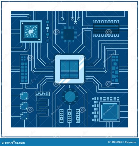 Computer Ic Chip Template Microchip On Detailed Printed Circuit Board