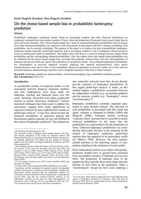 Pdf On The Choice Based Sample Bias In Probabilistic Bankruptcy
