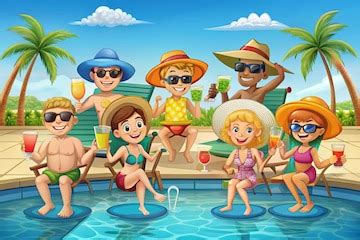 A Cartoon Illustration Of People Having A Party In A Pool With A Beach