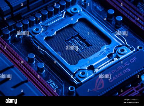 LOS ANGELES USA APRIL Detail Of A Cpu Socket In A Motherboard Of A Gaming Pc In Blue