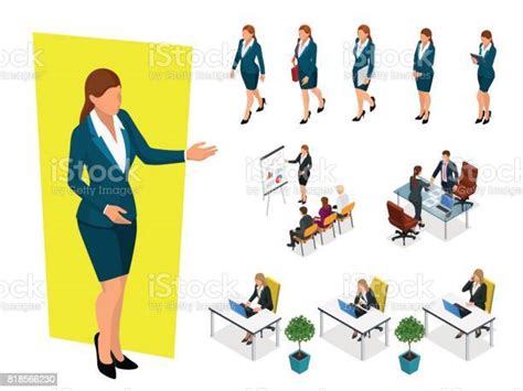 공식적인 옷 아이소메트릭 우아한 비즈니스 여성입니다 기본 의상 여성 기업 드레스 코드 비즈니스 협상 개념입니다 사무실 작업자 문자를 만들기 위한 설정 합니다 등측투영법에