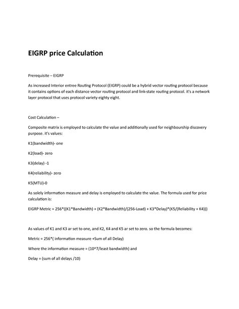 Eigrp Price Calculation Eigrp Price Calculation Prerequisite Eigrp