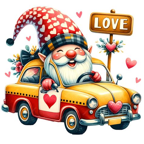 Premium Psd Cute Gnome Love Taxi Valentine Watercolor Clipart
