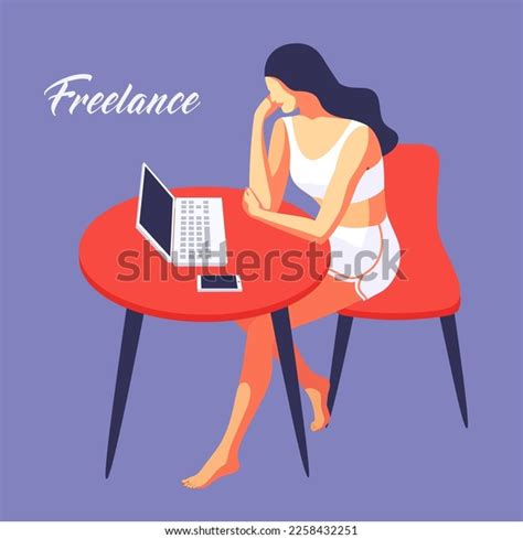 Work Home Freelancer Work Barefoot Girl Stock Vector Royalty Free
