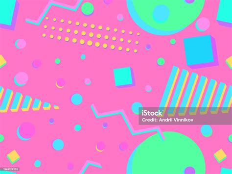 80 년대 스타일의 3d 기하학적 모양의 매끄러운 패턴 다채로운 기하학적 모양의 배경 홍보 제품 포장지 및 인쇄의 디자인 벡터