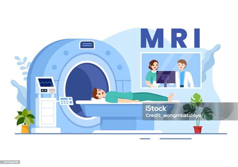 Mri 또는 자기 공명 영상 그림 의사와 환자가 건강 검진 및 Ct 스캔을 플랫 만화 손으로 그린 템플릿 Cat 스캔에 대한