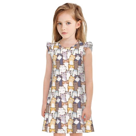 Cauagu Cartoon Cat Girls Nightgowns Sleepwear Short Sleeve Pajama Dress