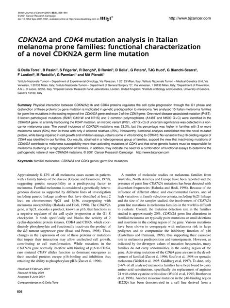 Pdf Cdkn2a And Cdk4 Mutation Analysis In Italian Melanoma Prone