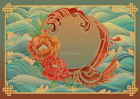 牡丹鳳凰邊框中國風插畫背景圖案素材，桌布圖片免費下載
