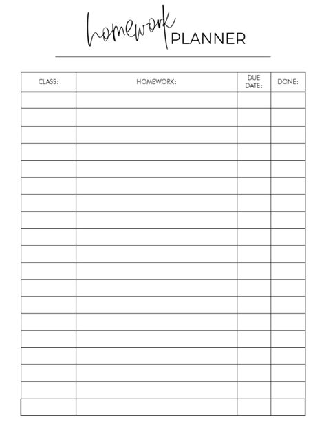 Planner Class Homework Due Date Done