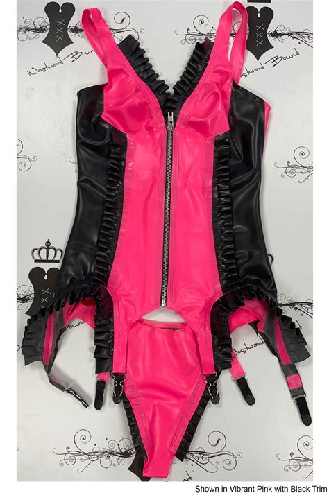 Burlesque Couture Latex Basque And Thong Set With Frill Trim Detail