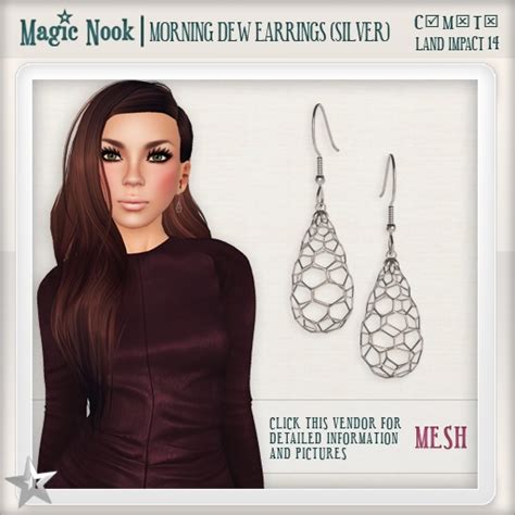 Second Life Marketplace Magic Nook Morning Dew Earrings Silver Mesh