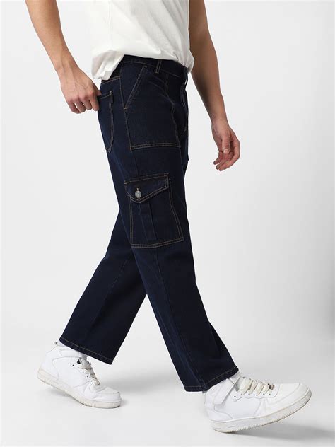 Mens Dark Blue Loose Baggy Fit Cargo Jeans With 6 Pockets Non Stretch