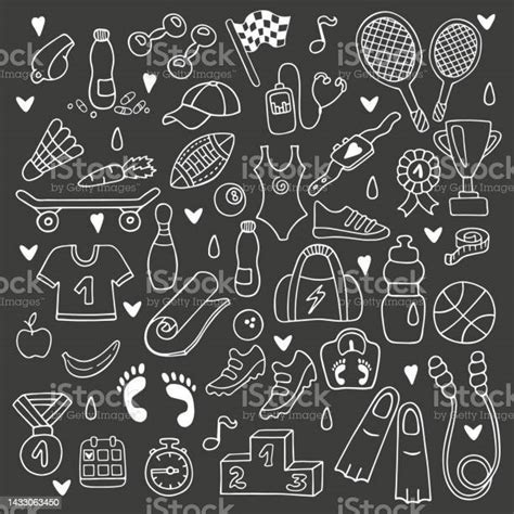 손으로 그린 스포츠 라이프 스타일 아이콘 세트 검은 배경에 흰색 윤곽선 카드 소셜 미디어 배너 스티커 인쇄 디자인을위한 낙서 스타일의 귀여운 요소 벡터 일러스트 레이 션