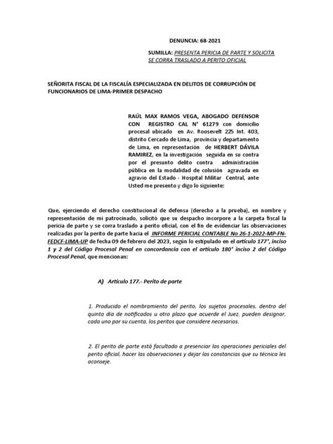 Solicito Presentar Pericia De Parte Y Solicita Se Corra Traslado A