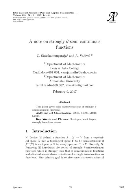 Pdf A Note On Strongly θ Semi Continuous Functions