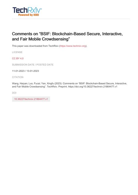 Pdf Comments On “bsif Blockchain Based Secure Interactive And Fair Mobile Crowdsensing”
