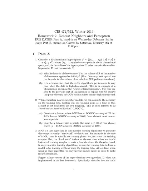 Hw2 Homework Assignment 2 Cis Winter 2016 Homework 2 Nearest