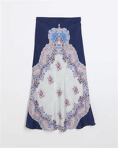 Navy Floral Midi Skirt River Island