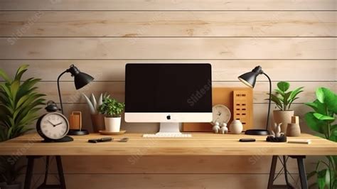 무료 나무 테이블에 Pc 컴퓨터 데스크탑 모형을 갖춘 미니멀한 사무실 책상의 현대적인 워크스테이션 3d 렌더링 Ppt 배경 Slidesdocs