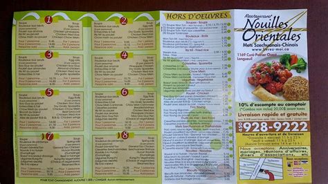 Menu Au Restaurant Nouilles Orientales Longueuil