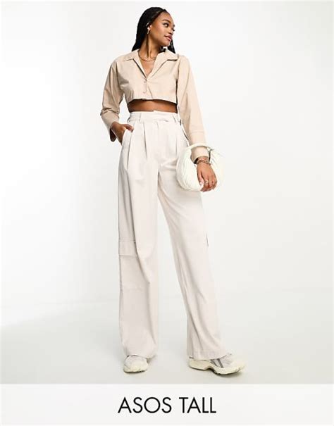 Asos Design Tall Wide Leg Trouser With Patch Pockets In Ecru Asos