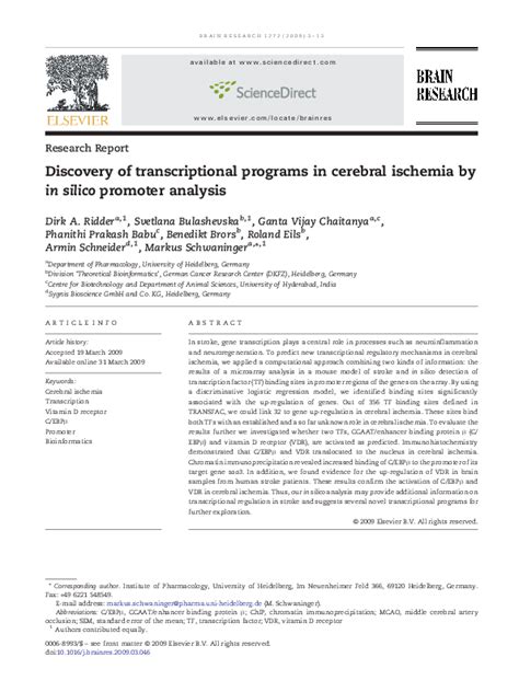 Pdf Discovery Of Transcriptional Programs In Cerebral Ischemia By In