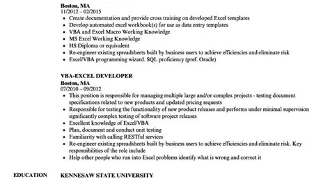 Excel Resume Template Excel Vba Developer Resume Samples Velvet Jobs