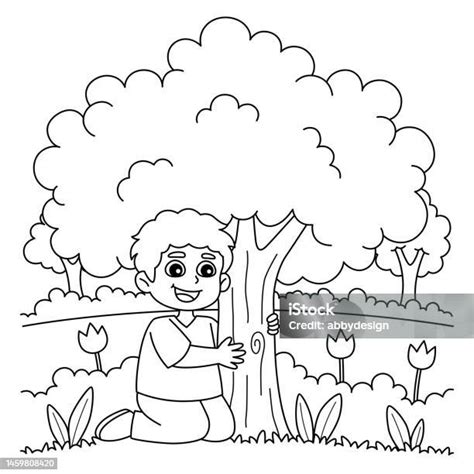 아이들을 위한 나무 색칠하기 페이지를 껴안고 있는 소년 감소에 대한 스톡 벡터 아트 및 기타 이미지 감소 나무 배경 주제 Istock