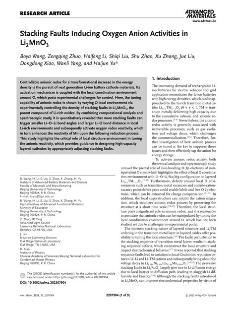Stacking Faults Inducing Oxygen Anion Activities In Li2 Mno3 Request Pdf
