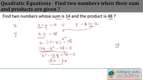 Quadratic Equations Find Two Numbers When Their Sum And Products Are