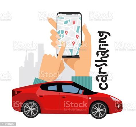 모바일 도시 교통 벡터 일러스트 개념입니다 스마트 폰과 도시 실루엣과 큰 여성의 손과 온라인 자동차 공유 문자와 구성의 전경에 빨간 스포츠카 Mobility As A