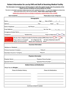 Fillable Online Patient Information For Use By EMS And Staff At