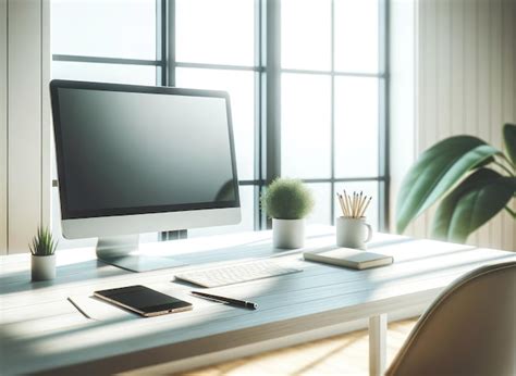 Premium Photo Elegant Office Workspace Featuring A Modern Computer Setup On A Wooden Desk With