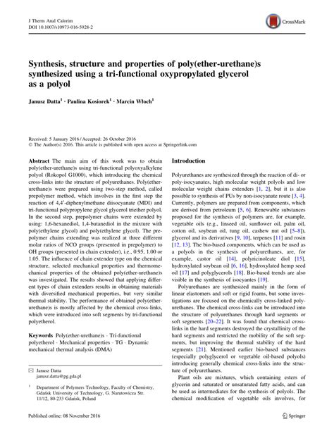 Pdf Synthesis Structure And Properties Of Polyether Urethanes