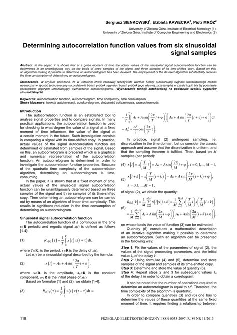 Pdf Determining Autocorrelation Function Values From Six Sinusoidal Signal Samples