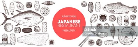 초밥과 롤 벡터 일러스트 손으로 그린 스케치 일본 음식 메뉴 디자인 일본 요리 메뉴빈티지 벡터 요소 복고풍 스타일 디자인 음식과
