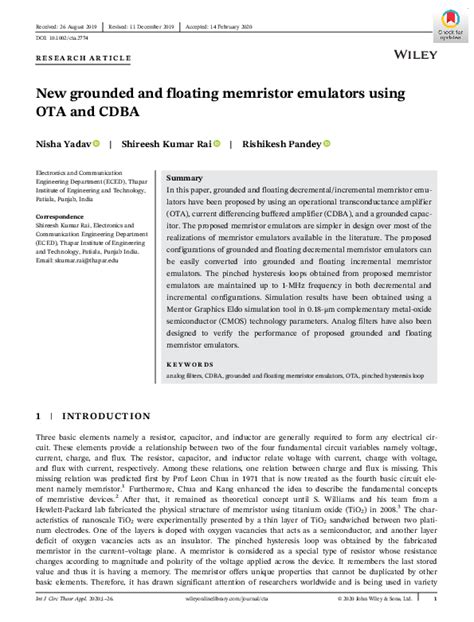 Pdf New Grounded And Floating Memristor Emulators Using Ota And Cdba