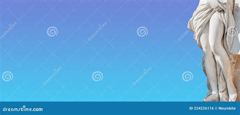 Banner With A Statue Of Ancient Sensual Half Naked Renaissance Era Woman With Long Baked Legs In