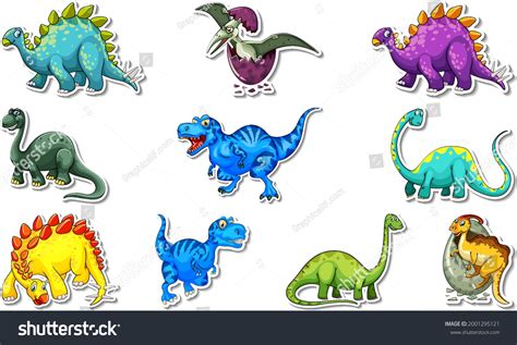 Sticker Set Different Types Dinosaurs Cartoon เวกเตอร์สต็อก ปลอดค่า