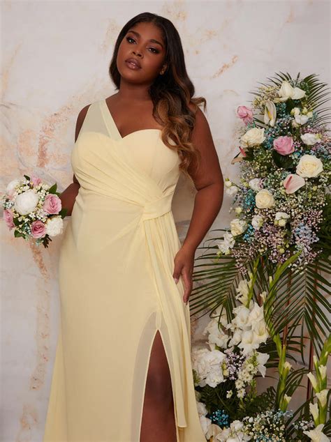 Plus Size One Shoulder Satin Finish Maxi Dress In Yellow Chi Chi