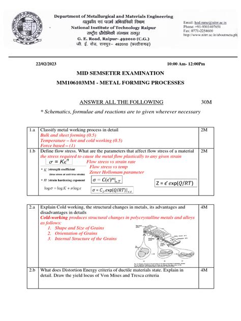 Mfp Mid Sem Qp And Key Pdf Forging Deformation Engineering