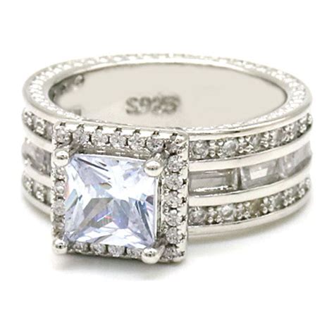 Silver Tone Mult Cut Three Row Engagement Ring With Genuine Crystals
