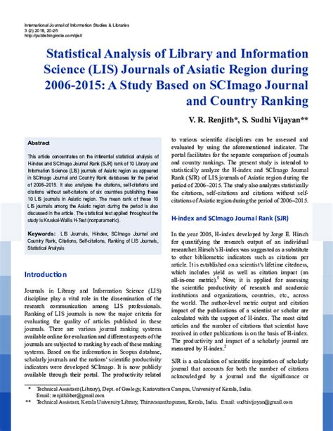 Pdf Statistical Analysis Of Library And Information Science Lis Journals Of Asiatic Region