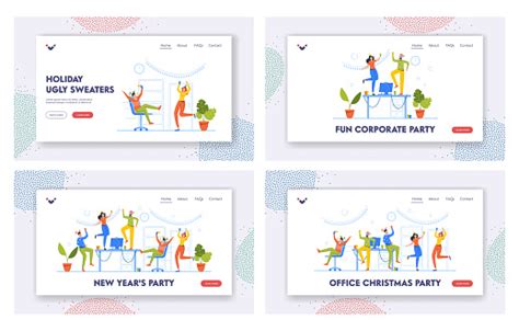 새해 파티 방문 페이지 템플릿 세트 크리스마스를 축하하는 즐거운 동료 캐릭터 행복한 비즈니스 사람들 재미 12월에 대한 스톡