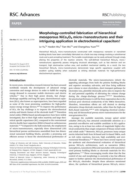 Pdf Morphology Controlled Fabrication Of Hierarchical Mesoporous Nico2o4 Micro Nanostructures