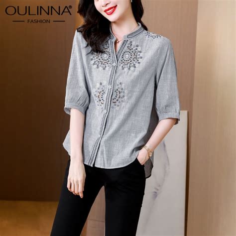 Oulinna เสื้อเชิ้ตแขนสั้นทรงหลวม เสื้อปักลายใหม่สำหรับฤดูร้อนปี2022 Th