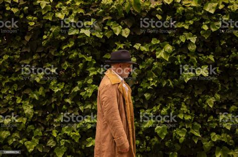 녹색 식물에 대해 서 모자와 코트에 성인 남자의 측면 보기 마드리드 스페인 50 54세에 대한 스톡 사진 및 기타 이미지 50 54세 거리 고독 개념 Istock