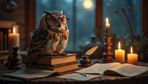 Owl Wearing Glasses Sitting On The Book In A Cozy Study Room With
